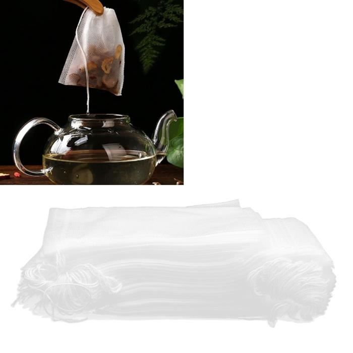 Lot de 100 sachets de filtre à thé jetables en coton avec cordon de serrage pour sachets de thé ...