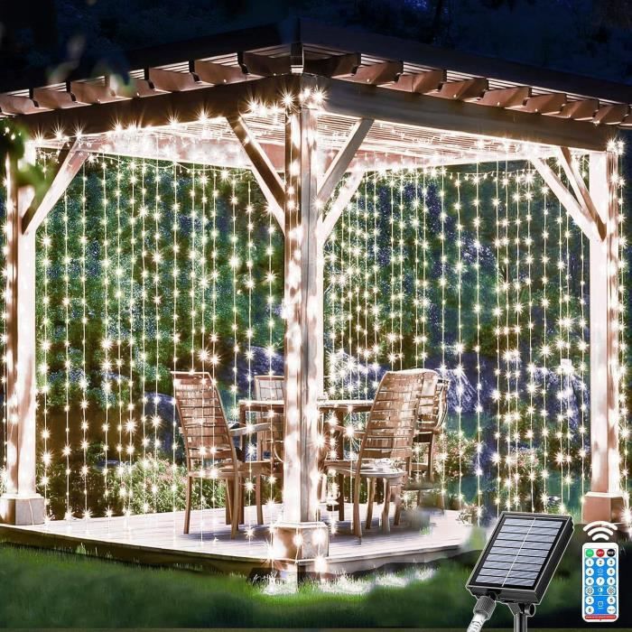 Rideau Lumineux 3M X 3M 300 Led Guirlande Solaire Extérieure Avec Télécommande, 8 Modes ...