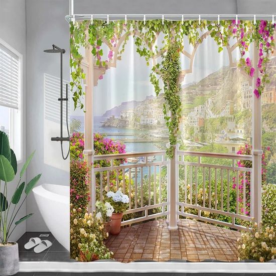 Rideau de douche paysage italien avec crochets,ville européenne vintage ...