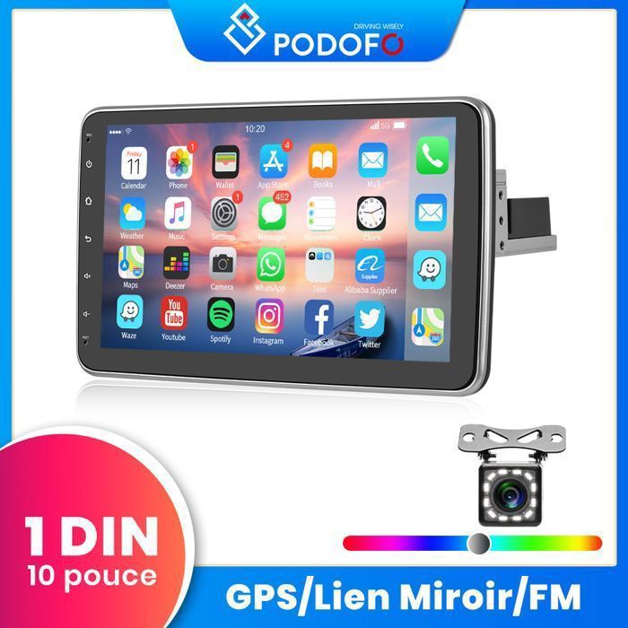Podofo Autoradio Bluetooth 1 Din 10,1 pouces écran tactile ajustable ...
