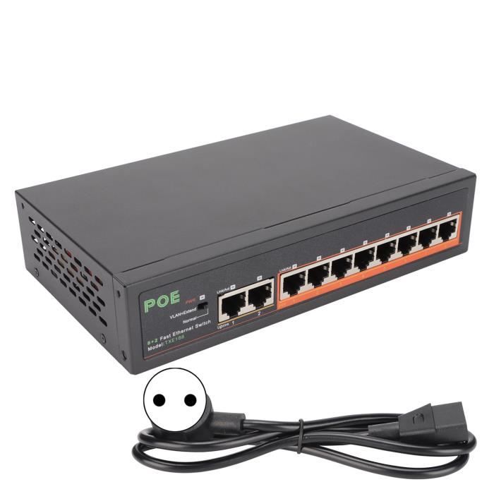 Tbest Switch PoE 8 Ports 10/100Mbps 90W RJ45 Port Adaptatif Indicateur LED Alliage d'Aluminium 8 ...