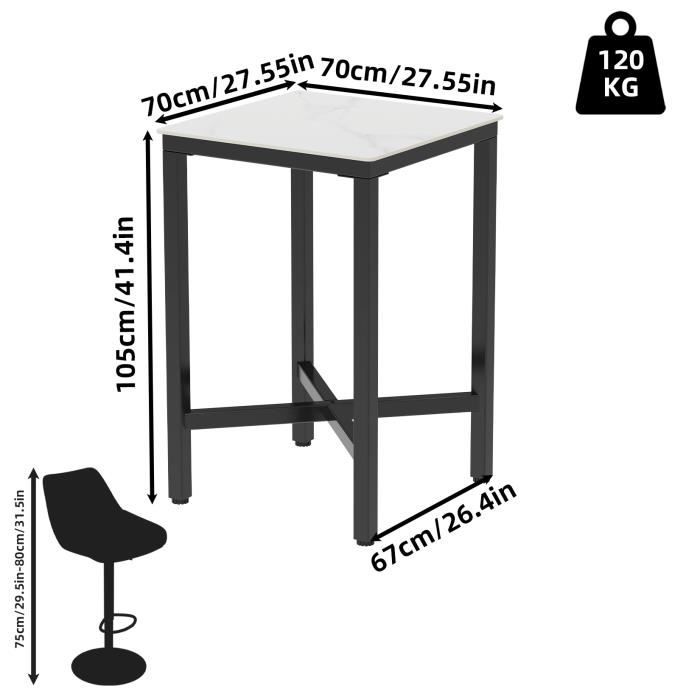Table Haute de Cuisine - UNHO - 70x70x105cm - Blanc - Métal - Meuble de ...