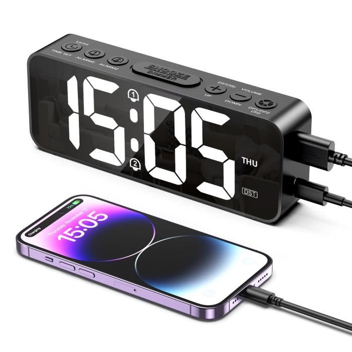 Réveil Numérique, Alarm Réveil LED avec Thermomètre, Fonction DST ...