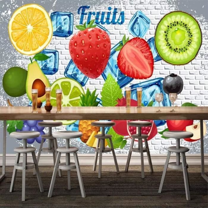 Auto-Adhésif Papier Peint 3D Mural Mur De Briques Fruits Citron Fraise ...