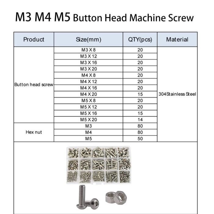 Kit d39assortiment de vis hexagonales en acier inoxydable 304 M2 M3 M4 M5 M6 M3 M4 M5 ...
