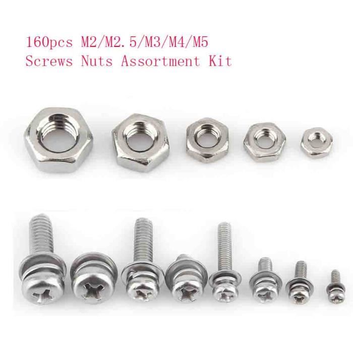 ETO- assortiment d'écrous et de boulons Boulons, 160 Pcs Phillips Pan Head Assortiment Kit, M2 ...