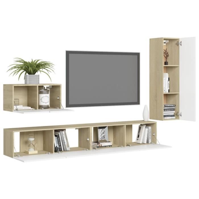 Meuble TV Mural Support TV pour télévision avec Compartiments 4pcs ...