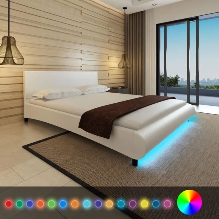 Lit avec LED 160 x 200 cm Cuir artificiel Blanc - Cdiscount Maison