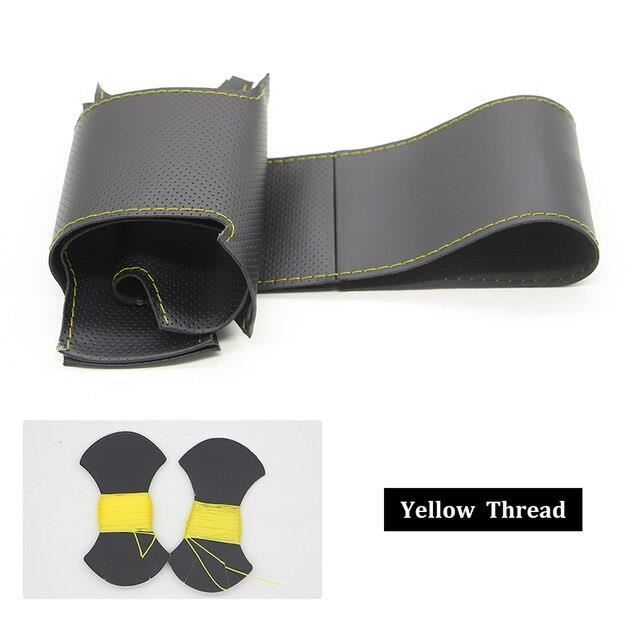 COUVRE-VOLANT,Yellow Thread--Couverture de volant de voiture en Faux cuir PU noir cousu à la ...