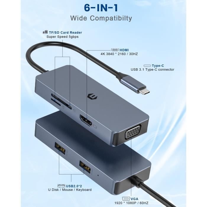 Hub Usb C 6 En 1, Adaptateur Multiport Usb C Avec Double Écran Hdmi Vga, 3 Ports Usb 3.0 ...