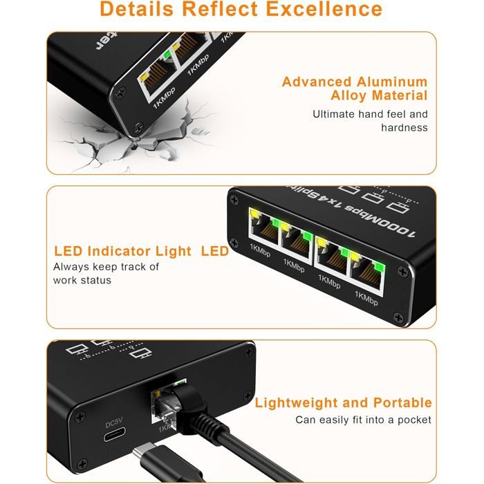 Ethernet, Rj45 4 Ports 1000Mbps Network Lan , Repartiteur Cable Hub ...