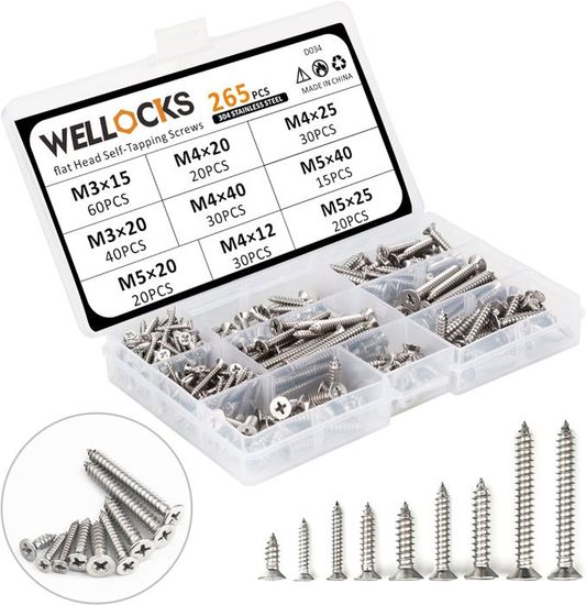 265 PCS Vis Autotaraudeuses 304 en Acier Inoxydable Ensemble D'assortiment Kit Vis à Bois à Tête ...