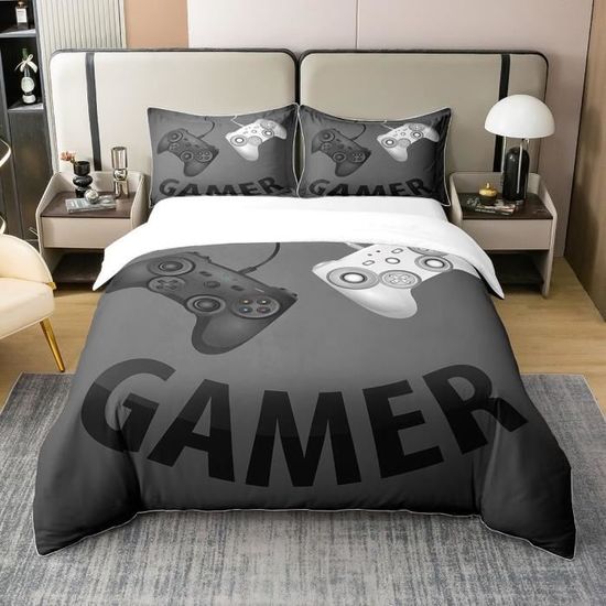 Housse De Couette 140X200 Gaming Grise - 100% Coton Naturel - Parure De ...