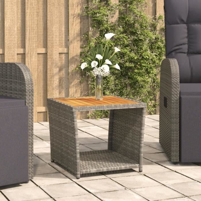 ETO- Table à thé et dessus en bois Gris Résine tressée Acacia massif ...