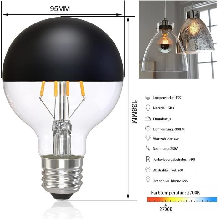 G95 E27 Ampoule Led À Filament 6 W Tête De Miroir Noir 2700K Blanc Chaud Couronne Noire Demi ...