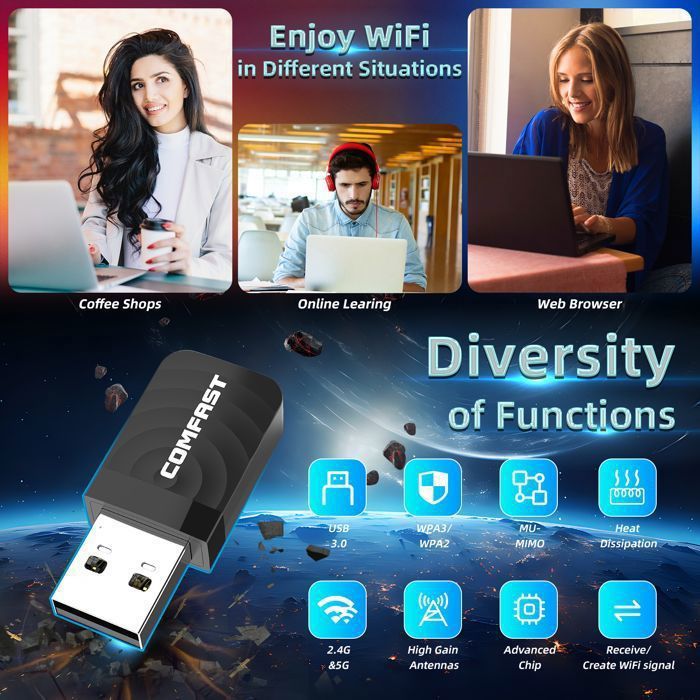 Clé WiFi USB COMFAST CF-812AC double bande 1200Mbps, 2.4GHz + 5GHz ...