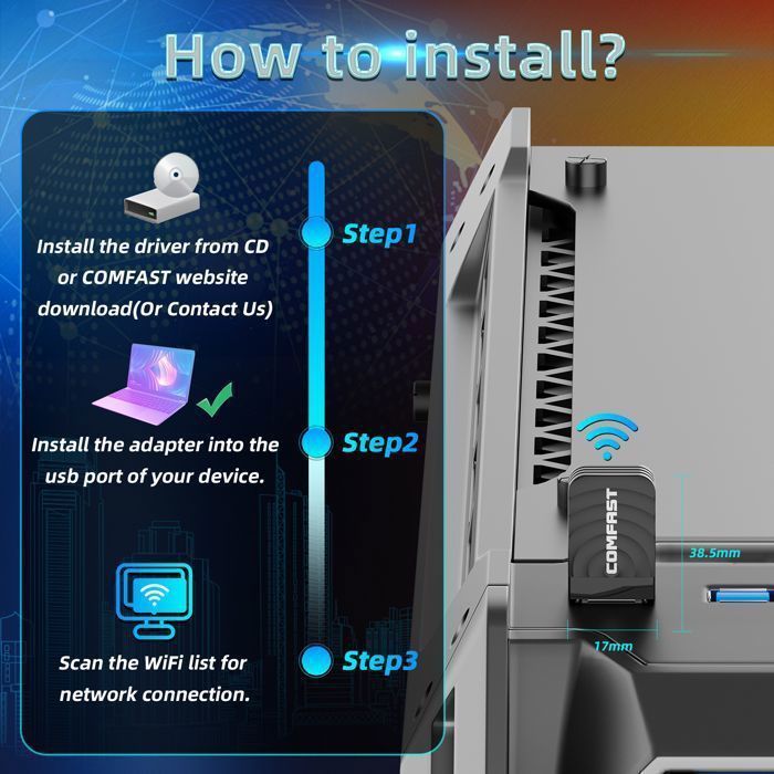 Clé WiFi USB COMFAST CF-812AC double bande 1200Mbps, 2.4GHz + 5GHz ...