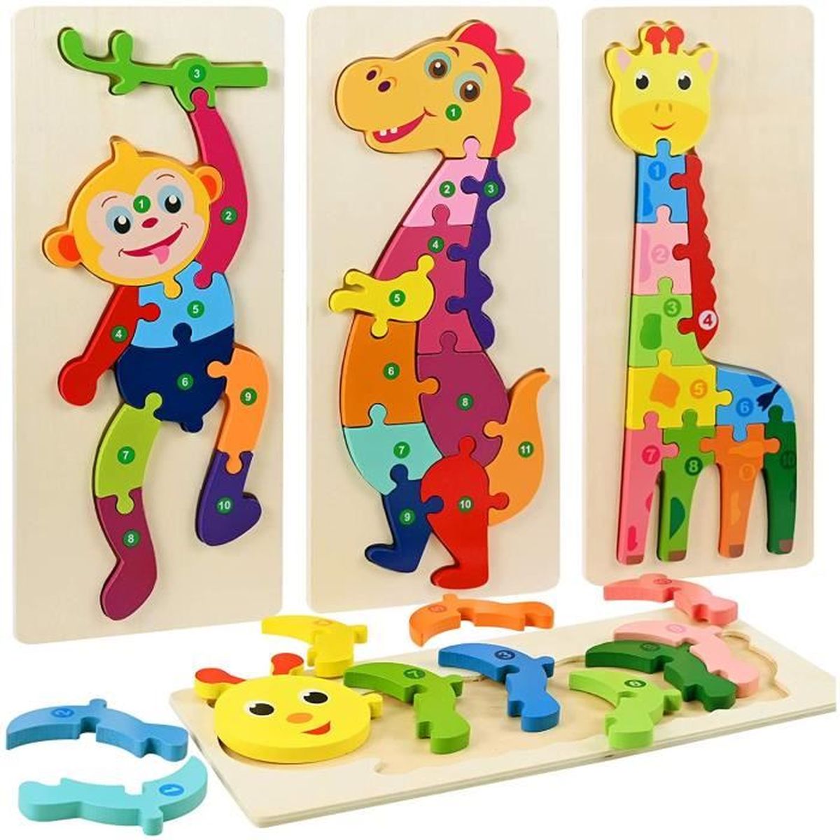 4PCS Animaux Puzzles en Bois, Jigsaw Puzzle Jouets, Bébé Puzzle à ...