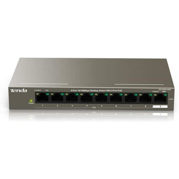 Switch PoE Tenda 9 Ports 10/100 Mbps avec 8 Ports PoE,Plug and Play,6KV ...