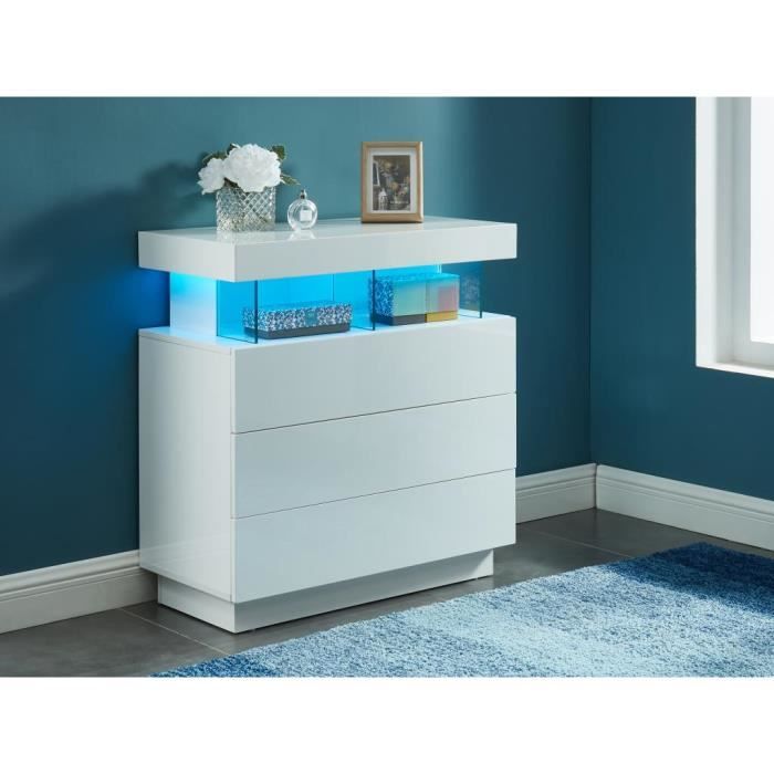 Commode 3 tiroirs - VENTE-UNIQUE - FABIO II - LEDs multicolores - Blanc laqué - Cdiscount Maison