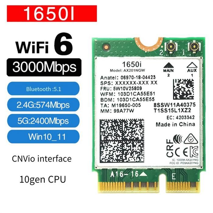 Carte WiFi 1650i AX201NGW 3000Mbps WIFI6 2.4G/5G Double Bande Cnvio2 ...