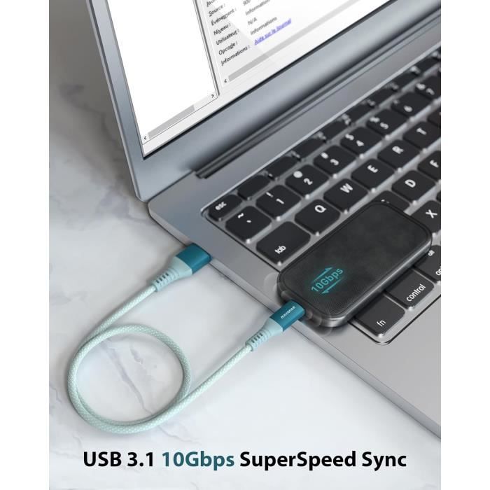 Câble Usb C Court 50Cm-0.5M 2Pack 10Gbps Câble De Données Usb3.2 Gen2 ...