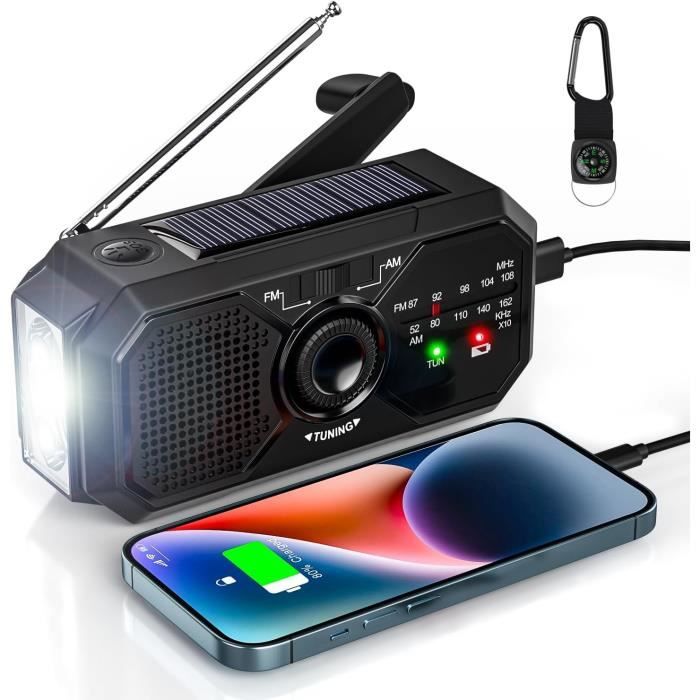 UOHHBOE Radio Portable Manivelle Radio Solaire Survie AMFM Petit Dynamo USB-C 2500mAh ...