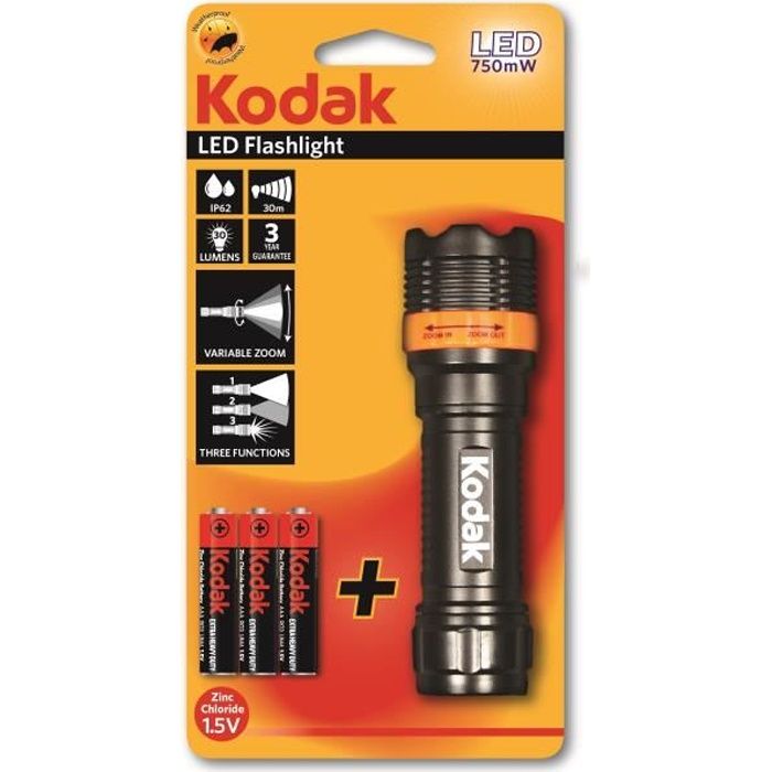 KODAK Lampe torche LED Focus 120 Flashlight 750mW + 3 Piles LR03/AAA HD ...