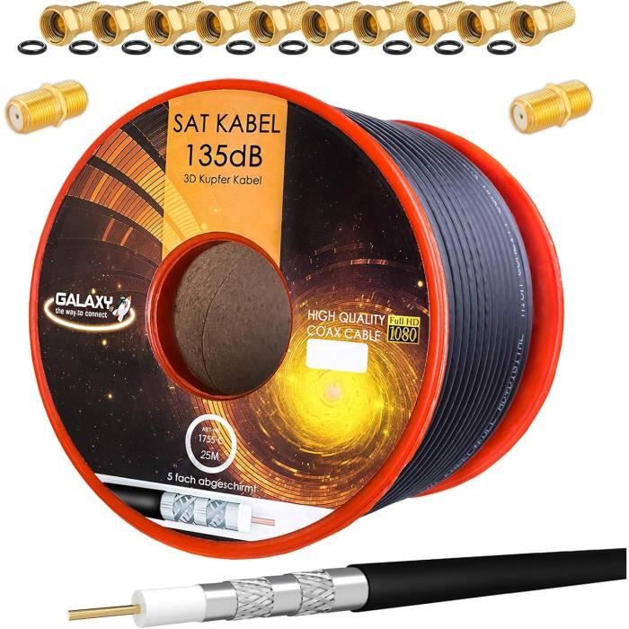 Set 25M Coaxial Sat Cable 135Db Black + 10X F-Connector & 2X F ...