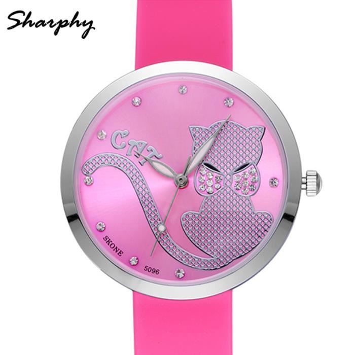 SHARPHY® Montre Fille de Marque Chat Rose Quartz Analogique étanche ...