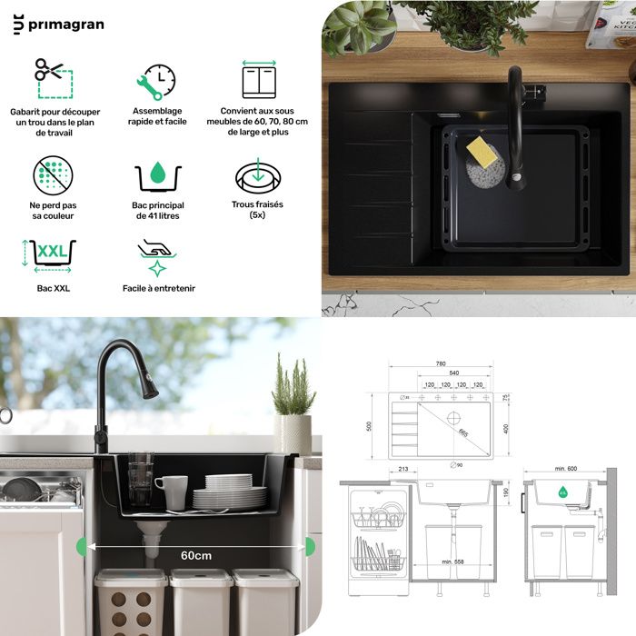 Evier Cuisine en Granit 78x50cm, Lavabo 1 bac + Kit de Vidage + Robinet ...