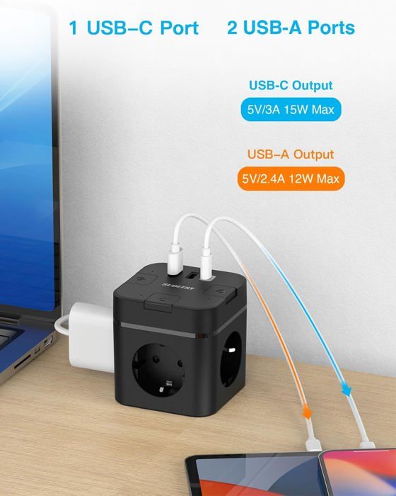 Cube multiprise 6 en 1 avec USB-C,3 prises cubiques,commutable ...