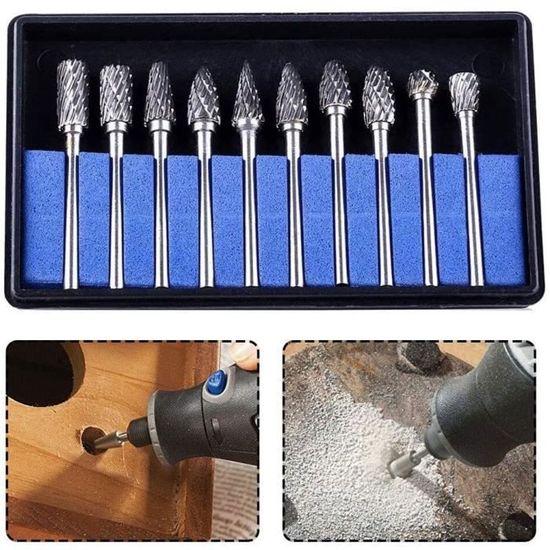 10Pcs Fraises Rotatives en Carbure de Tungstène Bures, Fraise Metal tête de meulage pour outils ...