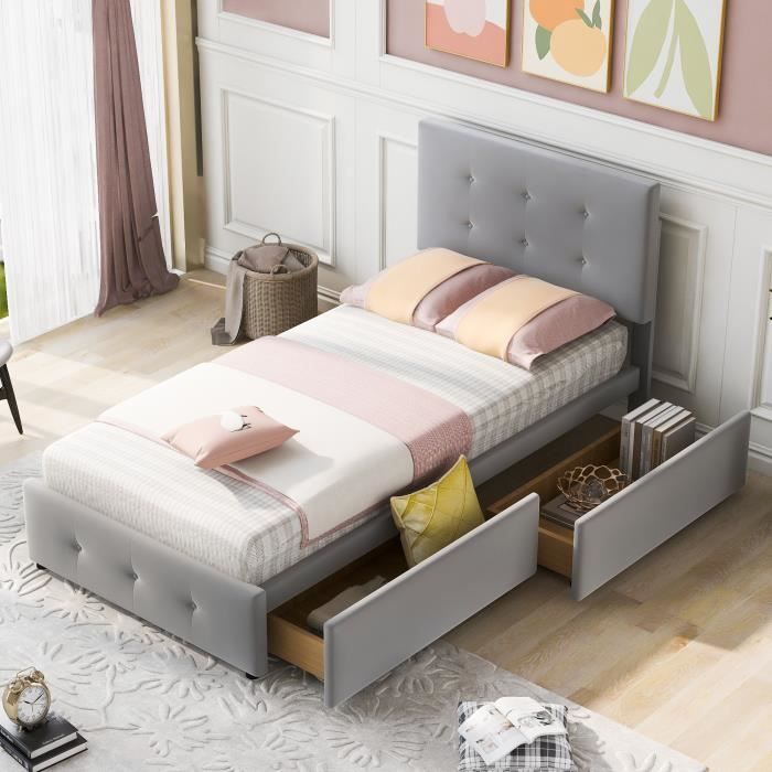 Merax Lit capitonné 90x200cm en tissu avec 2 tiroirs, pour enfant ou ...