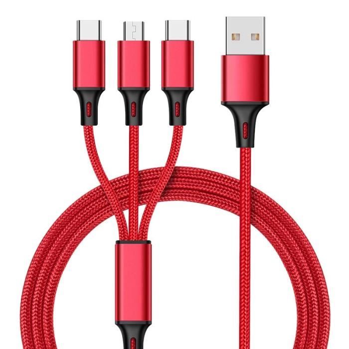 Rouge-Câble de chargement USB multifonction 3 en 1, Type de données ...