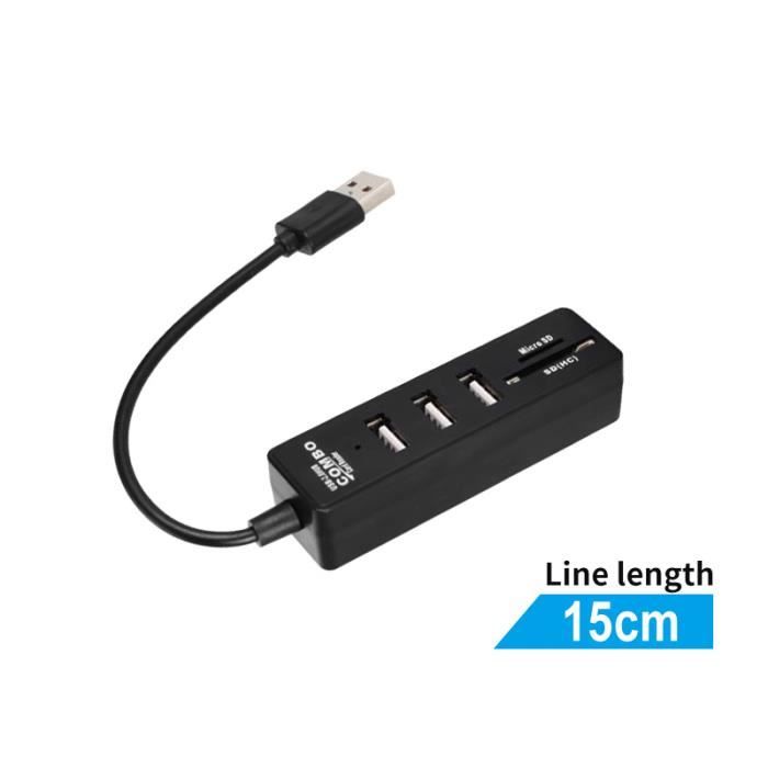 15cm Noir - HUB à 3 ports USB 2.0 avec lecteur de carte Micro SD TF, adaptateur USB pour disque ...