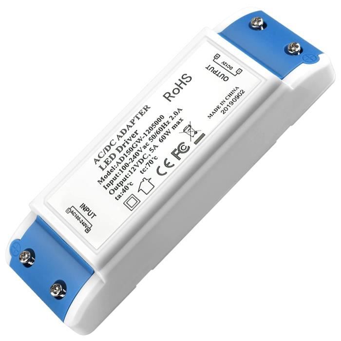 Transformateur LED 12V 60W, Entrée 100-240V sortie DC 12V, LED Alimentation 5A,LED Driver ...