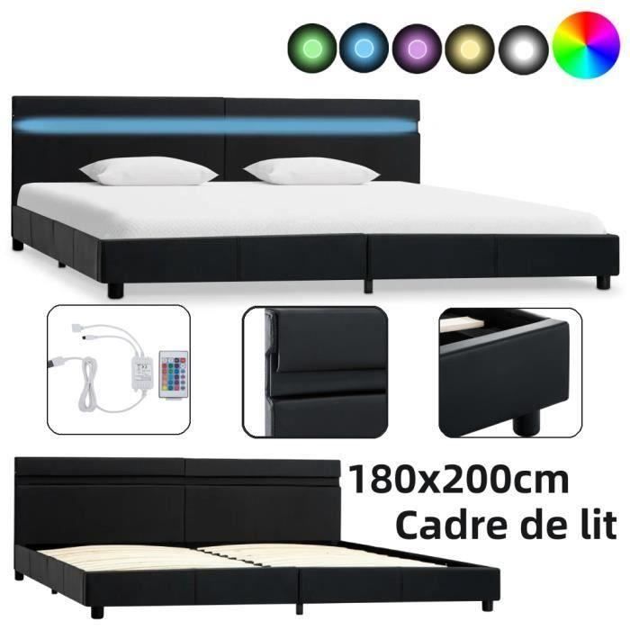 Lit Grand Lit double Cadre de lit avec LED Noir Similicuir 180 x 200 cm ...
