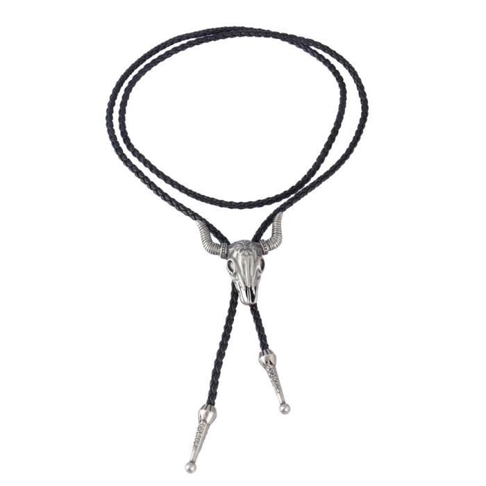 Cravate Bolo Tie Collier Cowboy Cuir Crâne Western Bijoux de Cou Argent ...