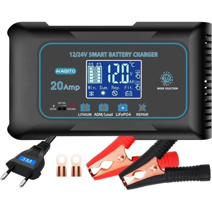 Haisito Chargeur Batterie Voitures 12V-24V 20A, Chargeur Batterie Auto et Moto Rapide ...