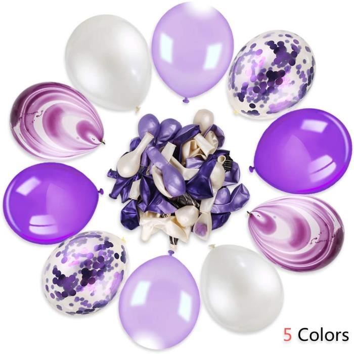 62 Pièces Latex Ballons Baudruche Confettis Ballons Violet Blanc ...