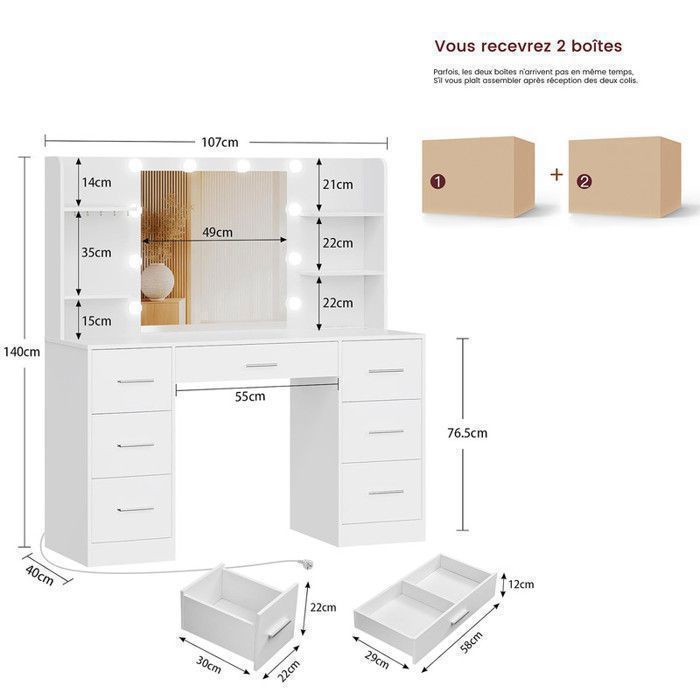 TEENFON Coiffeuse avec miroir et station de charge, 10 ampoules LED ...