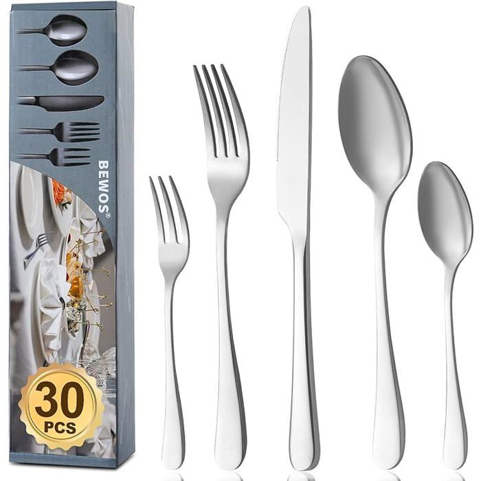 Couverts de table 30 pièces en argent mat pour 6 personnes - Couteau et ...