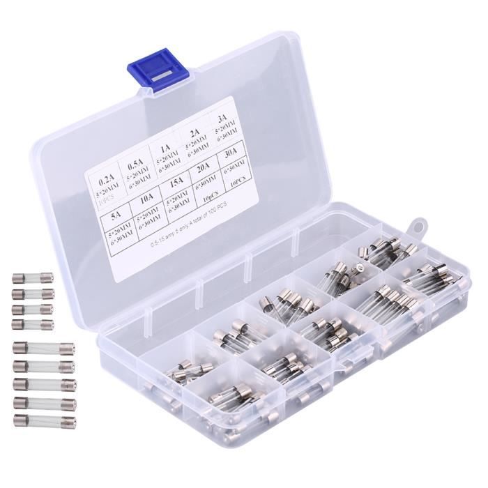 Kit de tube de fusible en verre de voiture 100 pièces, 5 * 20mm 6 * 30mm 10 valeurs d'ampères ...