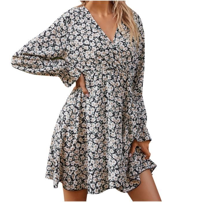 Robe Irrégulière À Manches Longues Et Col En V La Mode Pour Femmes Noir ...