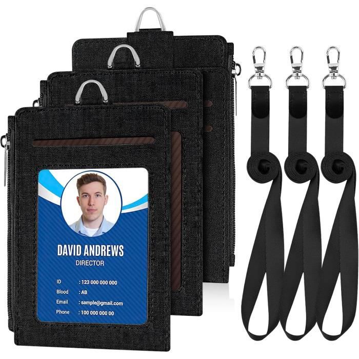 Porte badge PU Cuir,avec Fermeture éclair et Cordon en Nylon Détachable ...