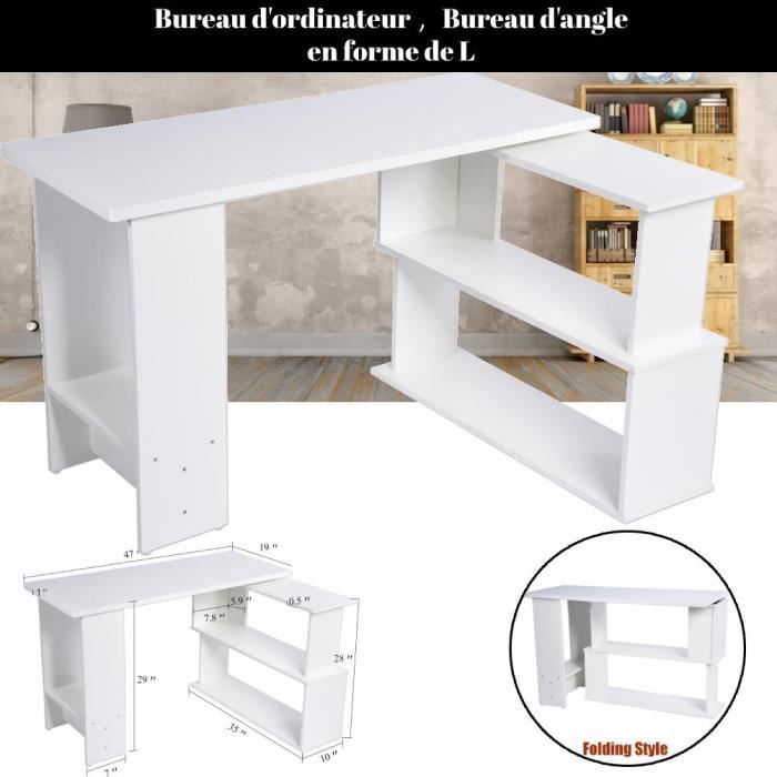 Bureau d'angle en bois en forme de L avec étagères blanc pliable L03971 ...