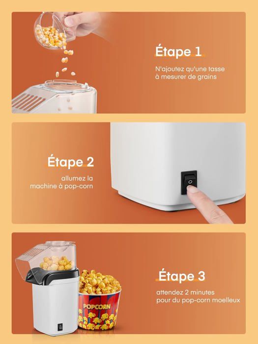 Machine À Pop Corn, 1200W Air Chaud Sans Gras Huile Popcorn Maker ...