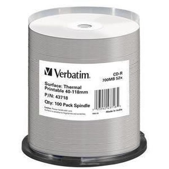 CD-R VERBATIM Thermal Printable No ID Brand 43718 - 52x - 700 Mo - 100 ...