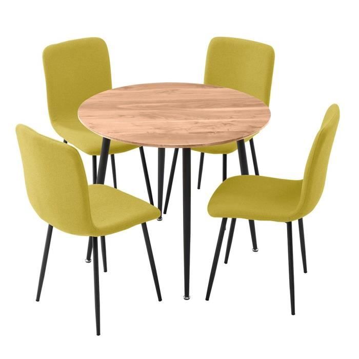 HANOI - Ensemble Table Ronde 110 Effet Bois + 4 Chaises Jaunes ...